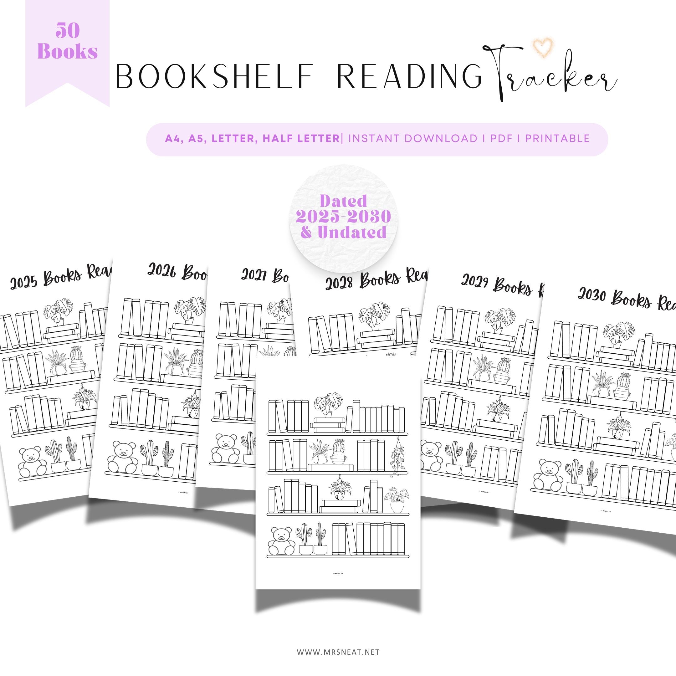 2026-2030 Bookshelf Reading Tracker PRINTABLE - 50 Books - M367 – mrsneat