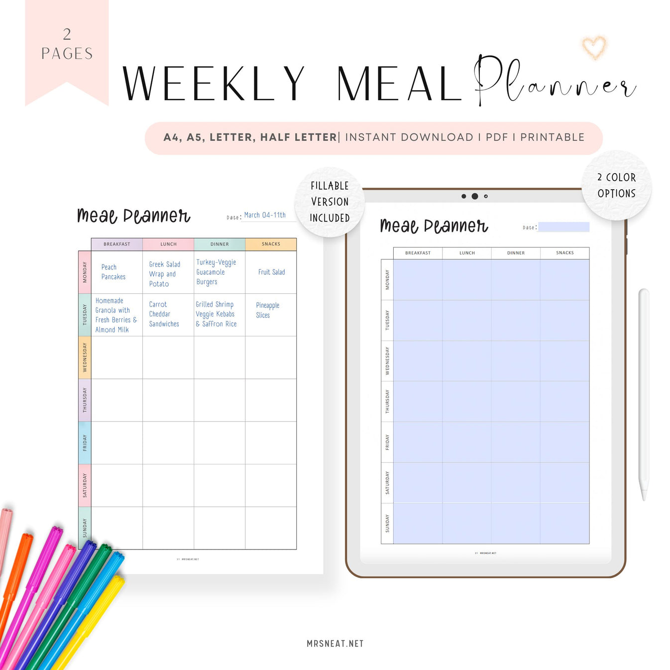 Printable Weekly Meal Planner - M382 – mrsneat