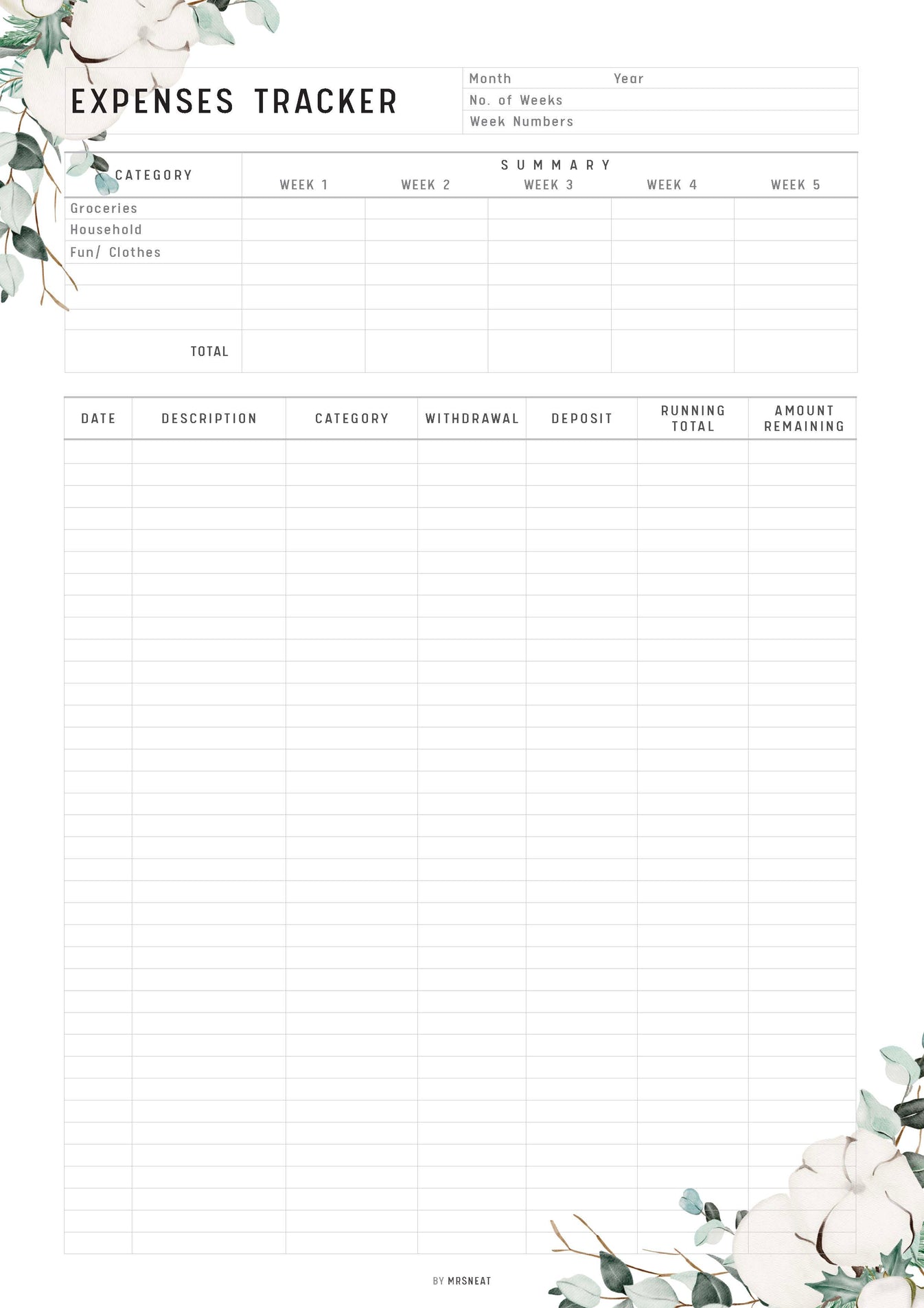 Expenses Tracker Printable Planner - M172 – mrsneat