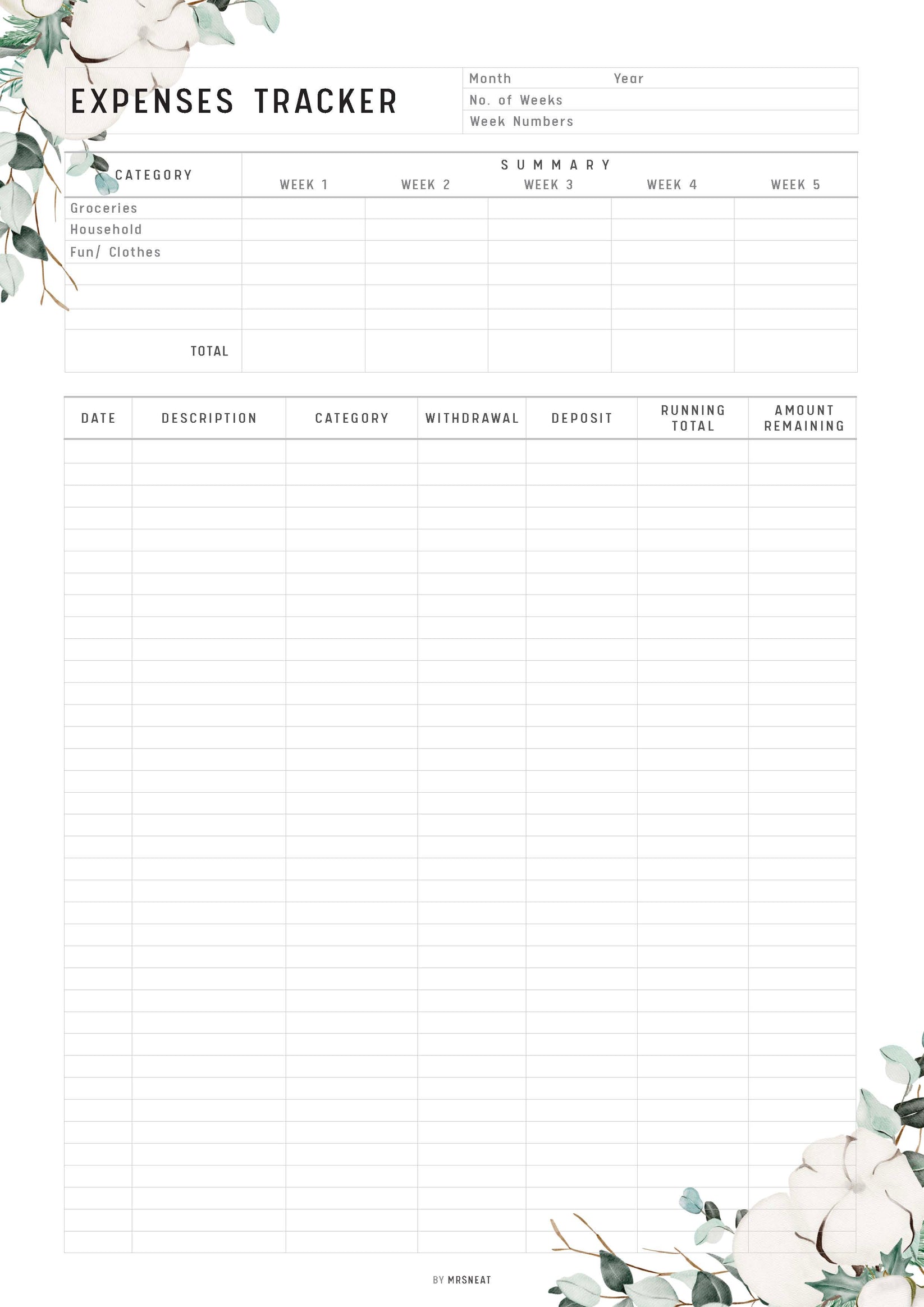 Expenses Tracker Printable Planner - M172 – mrsneat