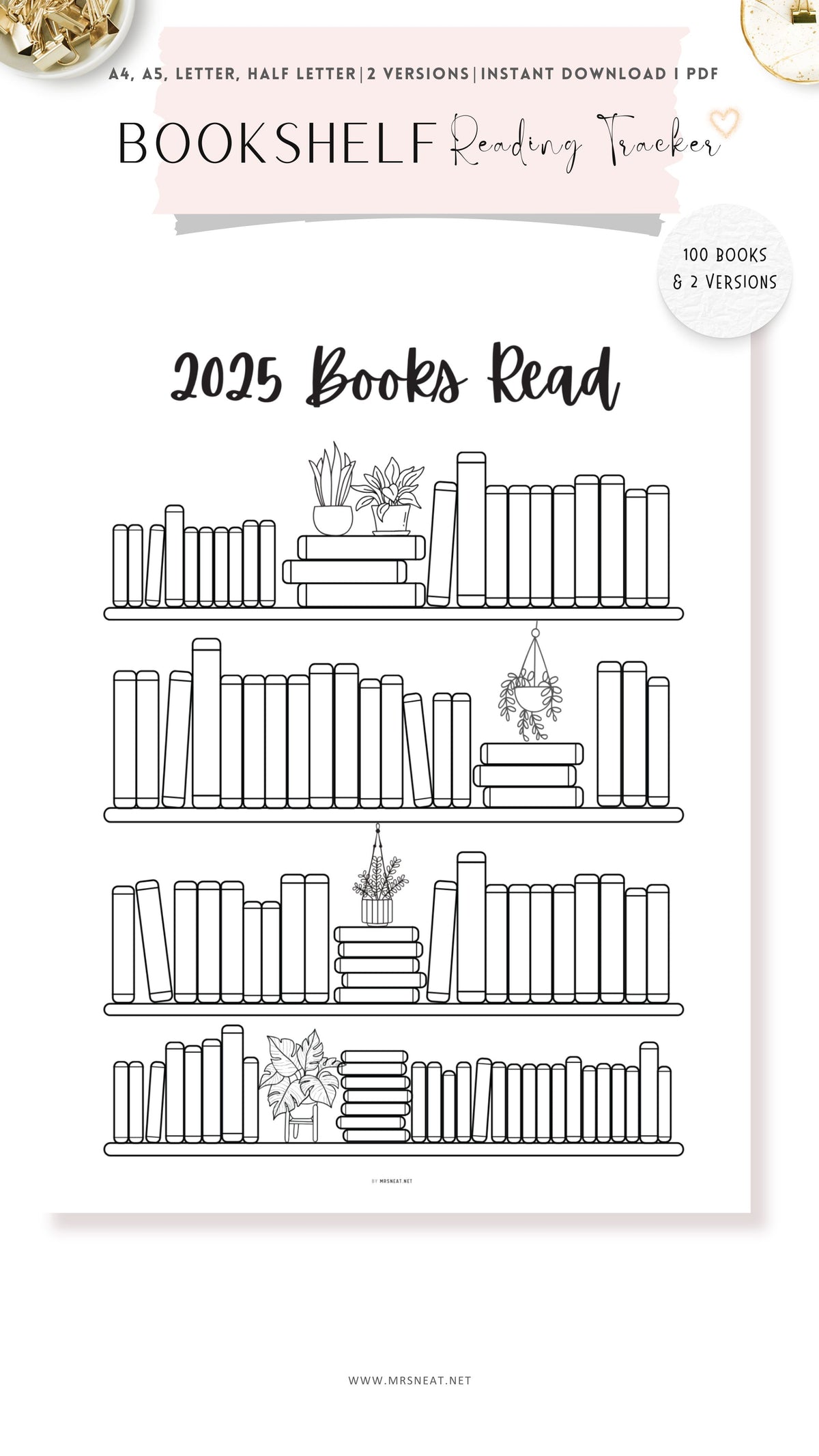 Bookshelf Reading Tracker Printable - 100 Books - M368 – mrsneat