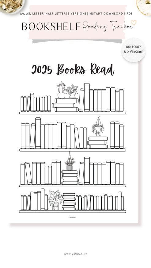 Bookshelf Reading Tracker Printable - 100 Books - M368 – mrsneat