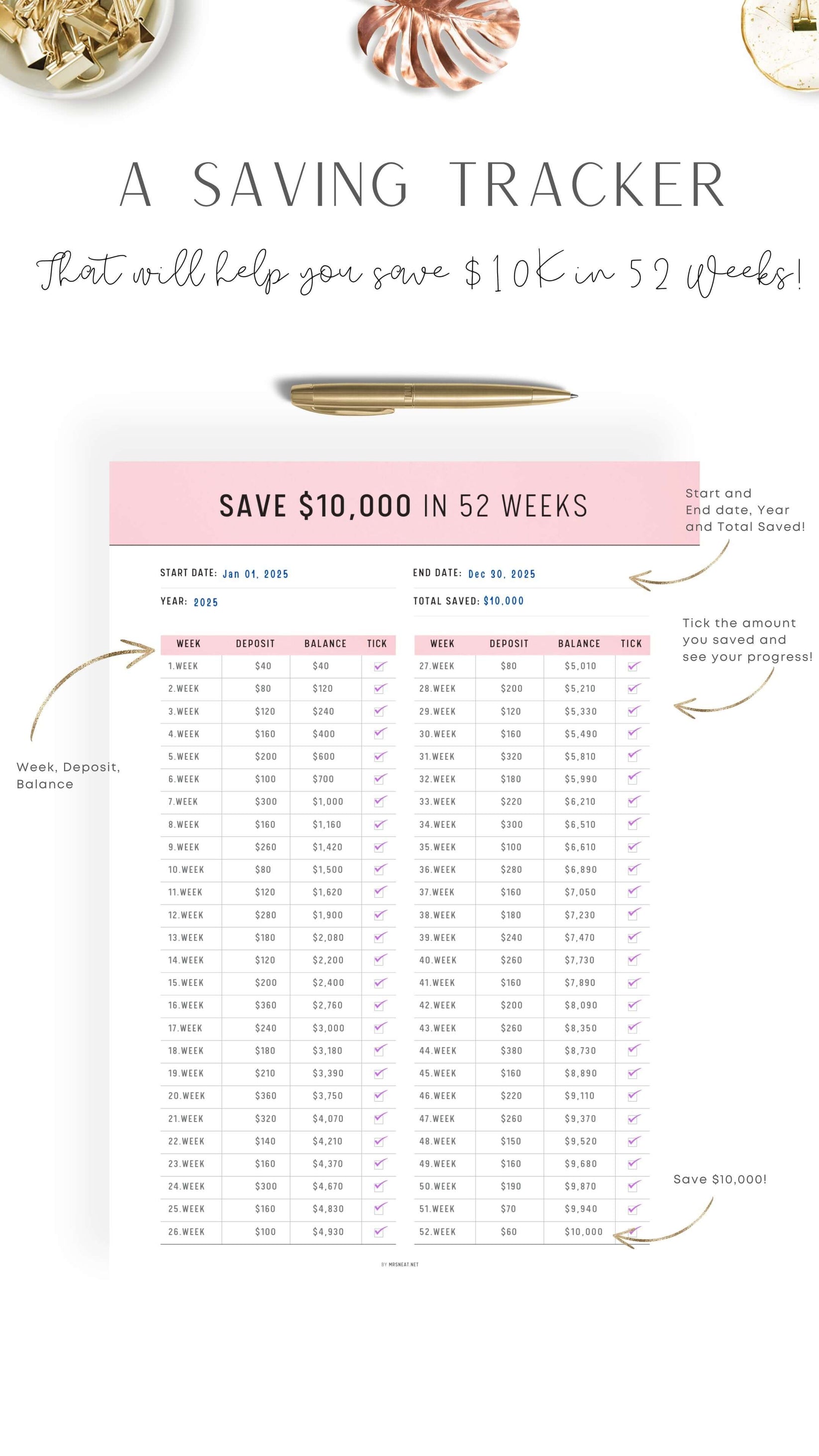 $10,000 Saving Challenge in 52 Weeks - M318 – mrsneat