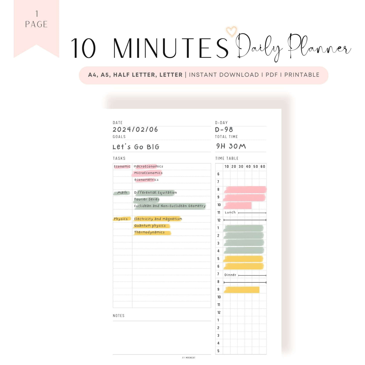 10 Minutes Daily Planner Template – mrsneat