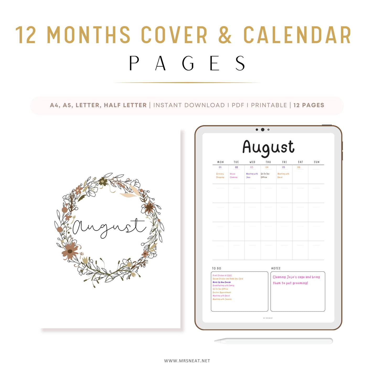 12 Month Cover and Calendar Pages Printable - M552 – mrsneat