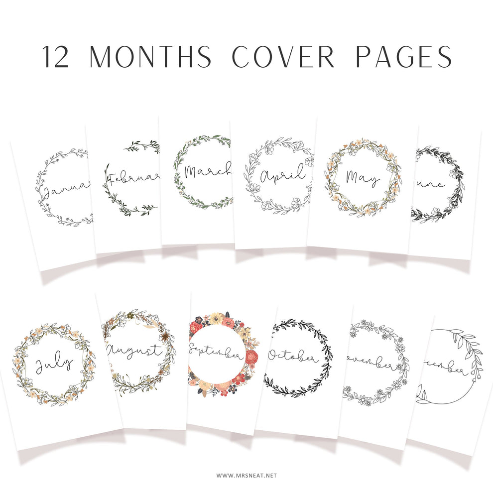 12 Month Cover and Calendar Pages Printable - M552 – mrsneat