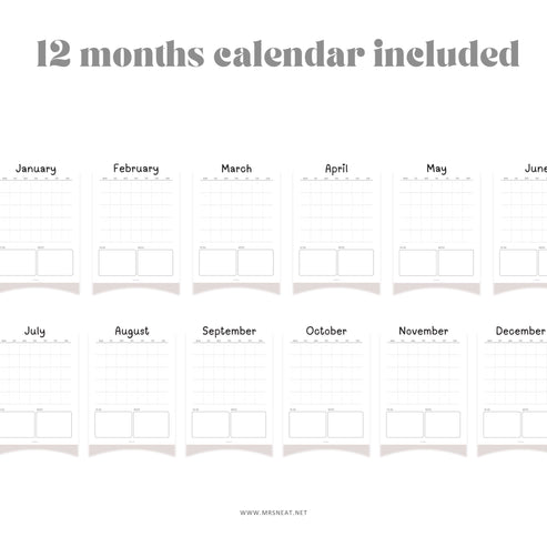 12 Month Cover and Calendar Pages Printable - M552 – mrsneat