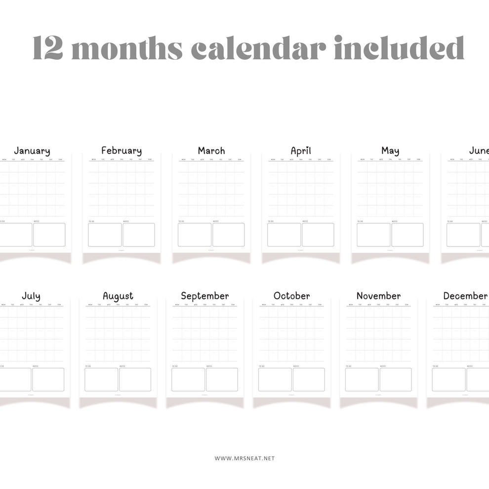 12 Month Cover and Calendar Pages Printable - M552 – mrsneat