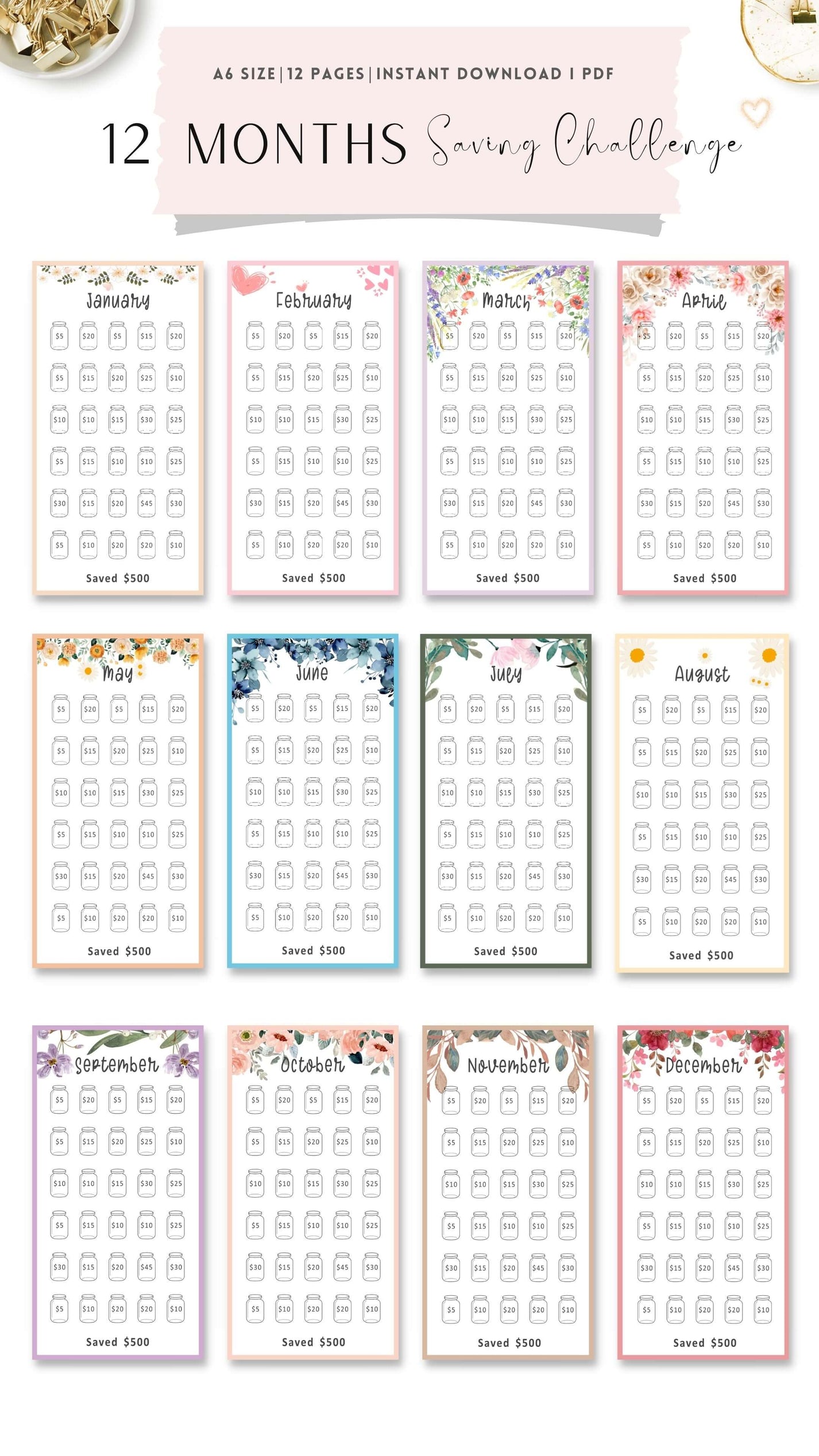 12 Month Savings Challenge Printable - M366 – mrsneat