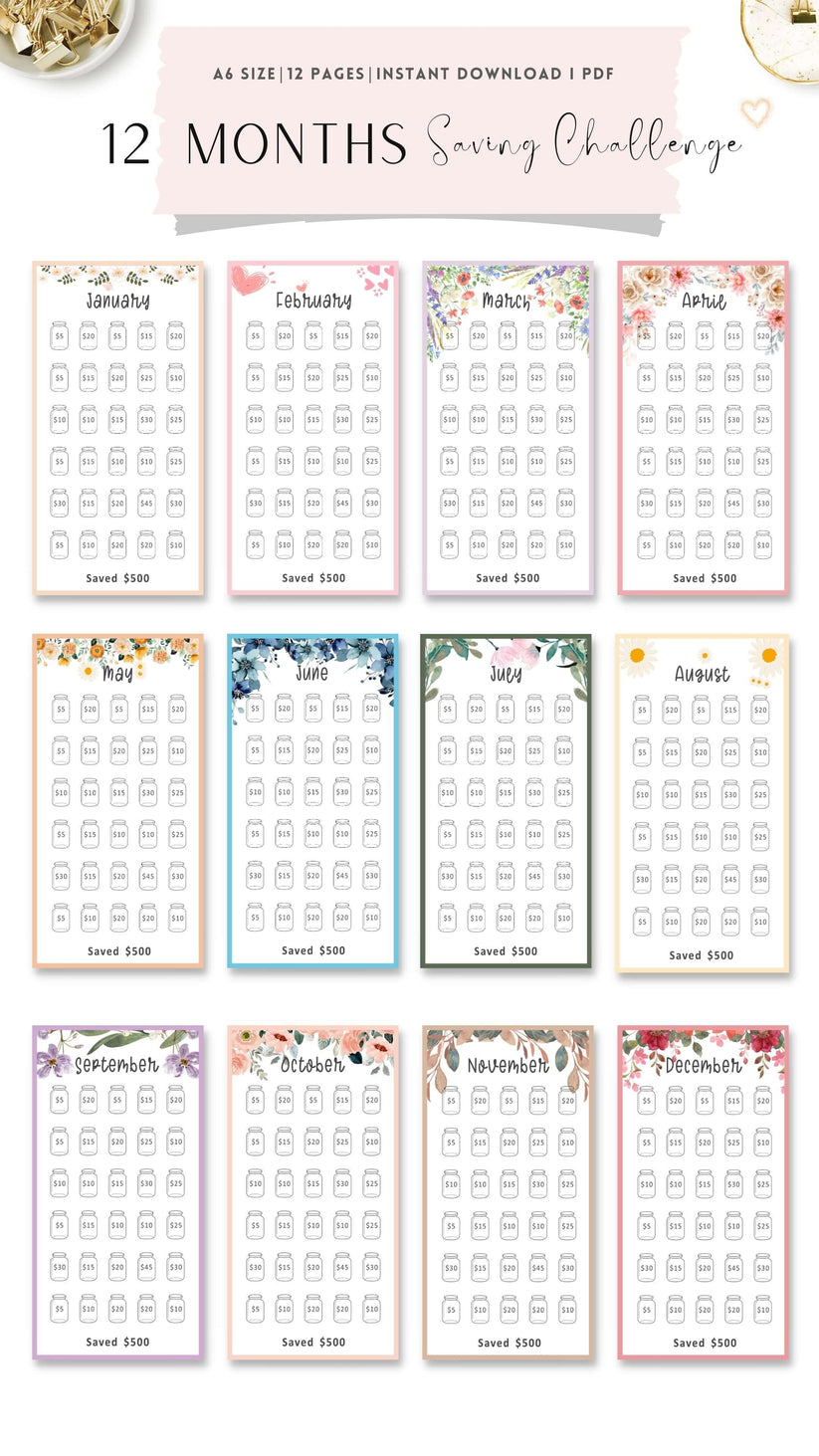 12 Month Savings Challenge Printable - M366 – mrsneat