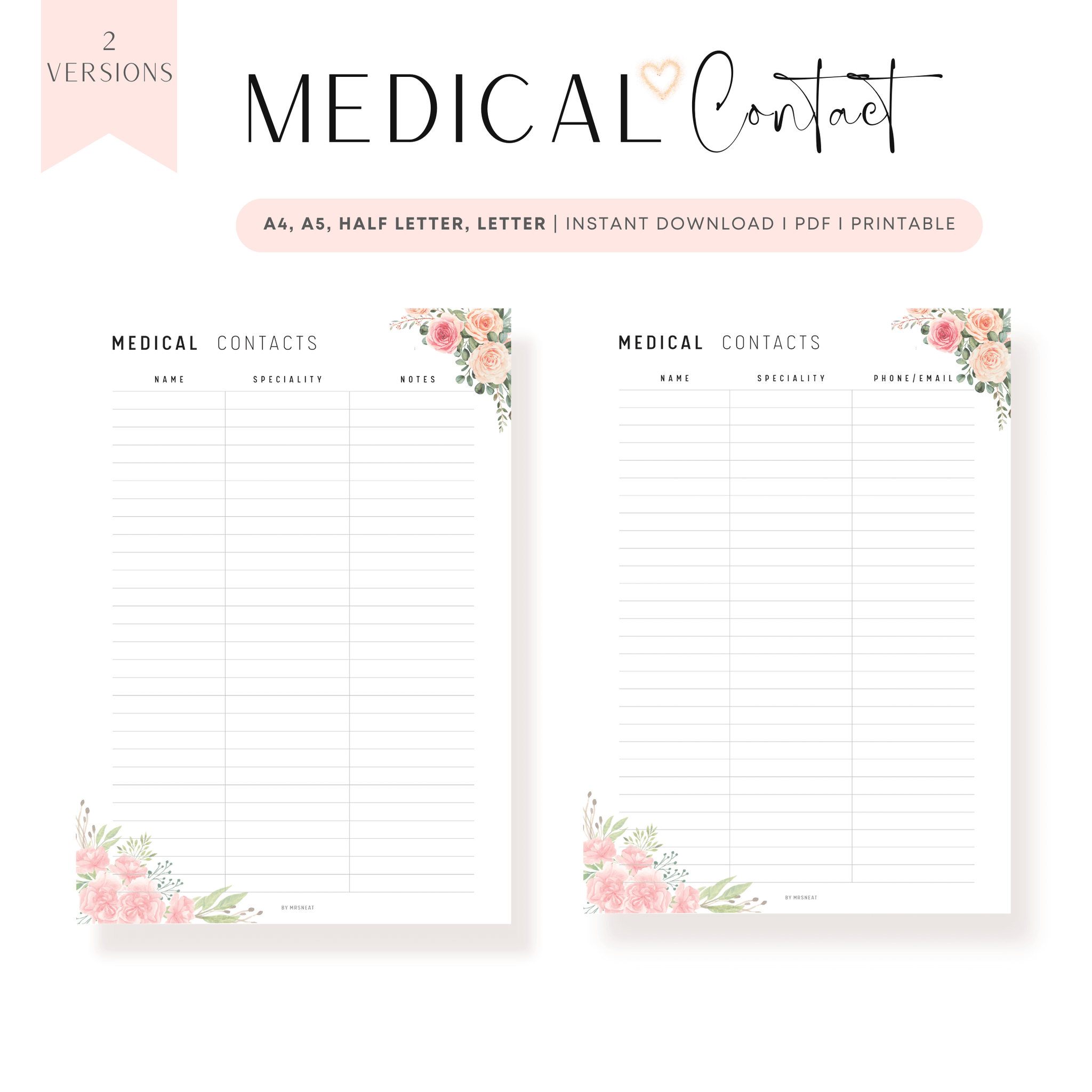 Floral Medical Contact List Printable – mrsneat