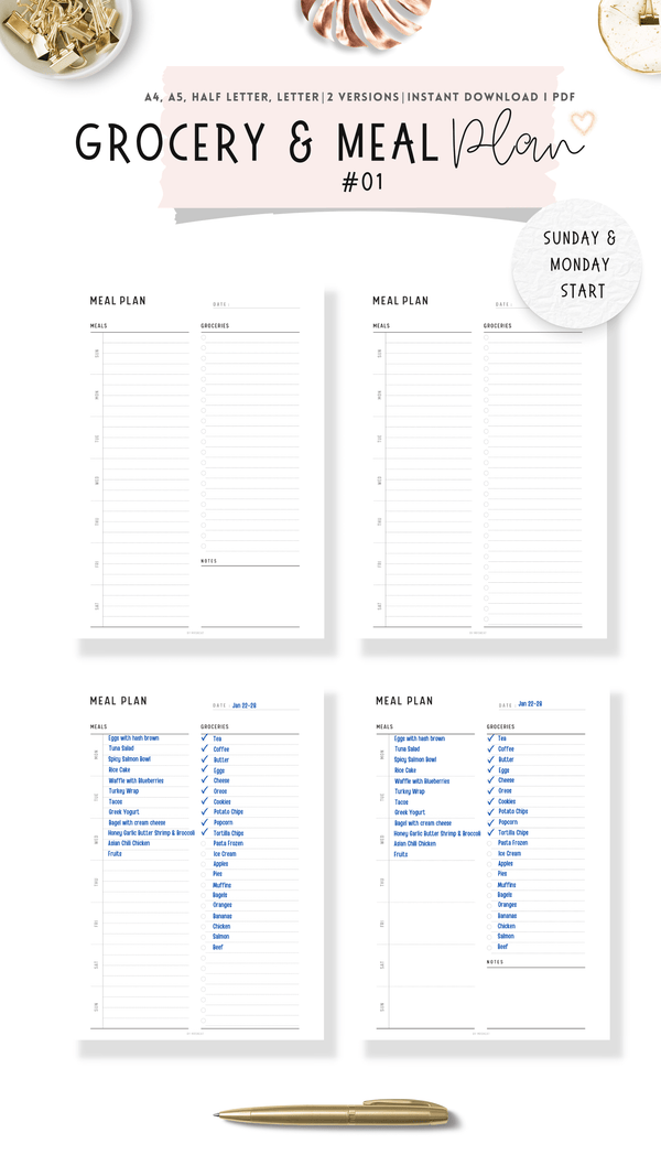 Weekly Meal Planner and Grocery List Template - M181 – mrsneat