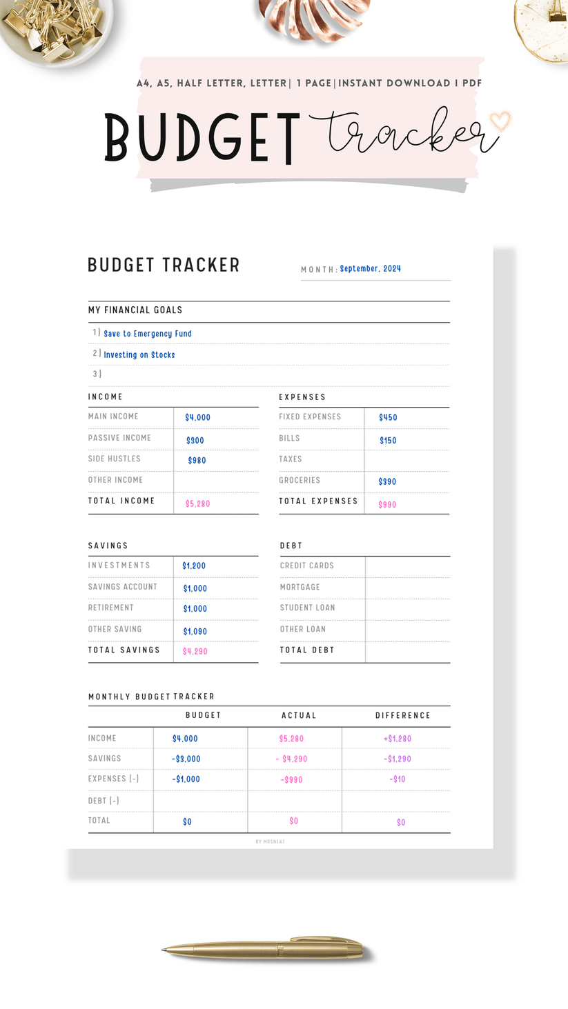Minimalist Monthly Budget Tracker – mrsneat