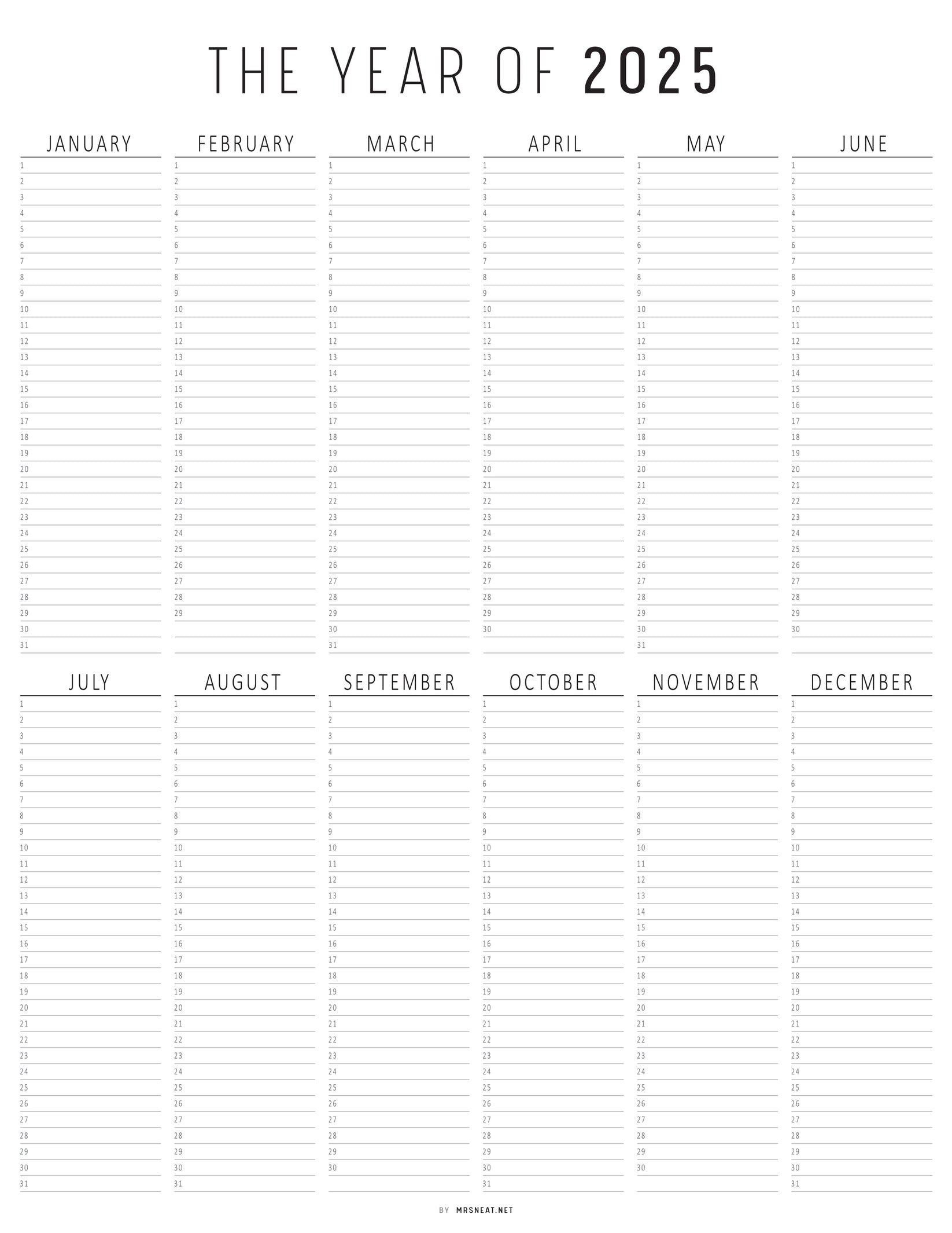 Year at a Glance Template Printable - M402 – mrsneat