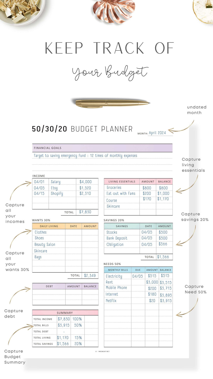50/30/20 Budget Template Printable - M394 – mrsneat