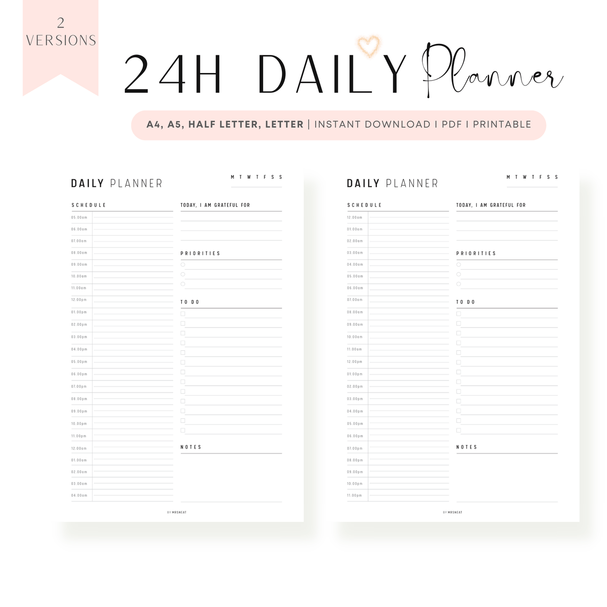 24 Hour Daily Planner Template - M201 – mrsneat
