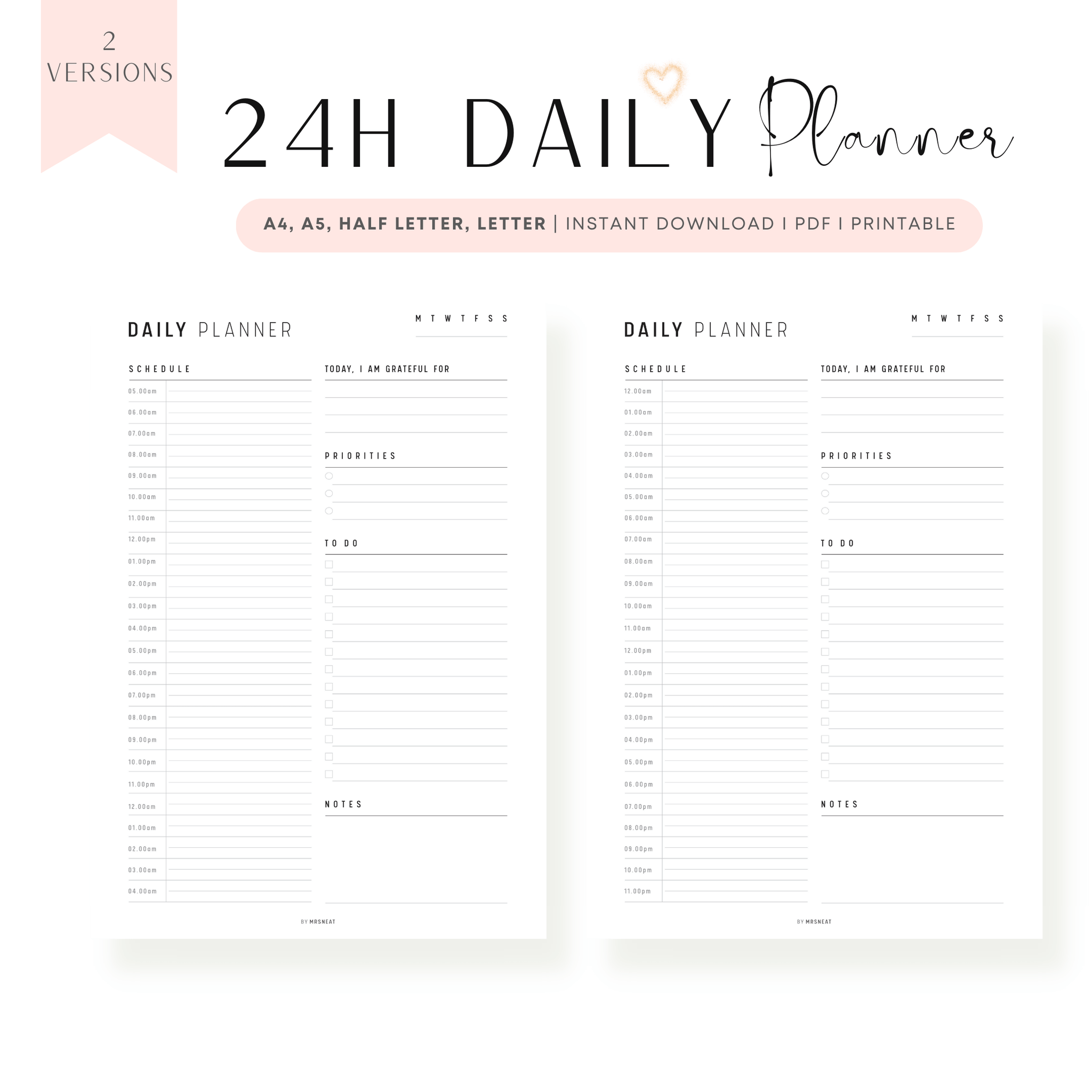 24 Hour Daily Planner Template - M201 – mrsneat