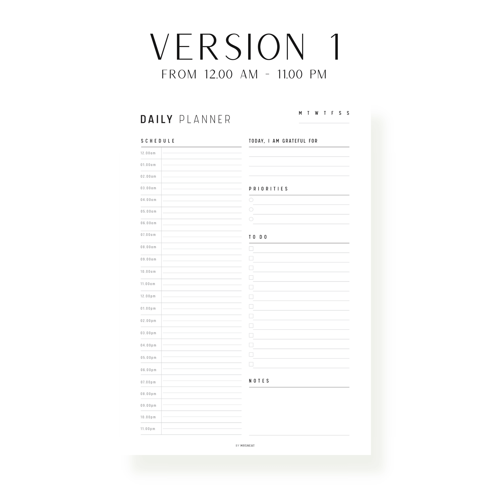 24 Hour Daily Planner Template - M201 – mrsneat