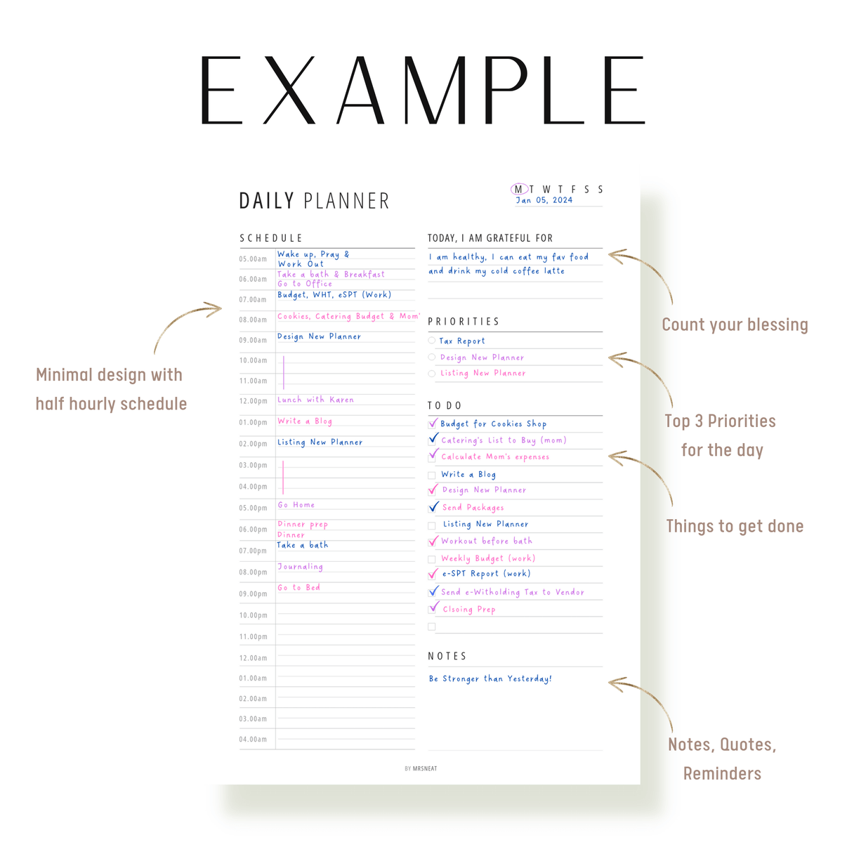 24 Hour Daily Planner Template - M201 – mrsneat