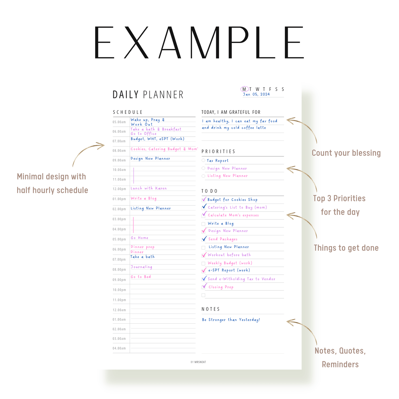 24 Hour Daily Planner Template - M201 – mrsneat