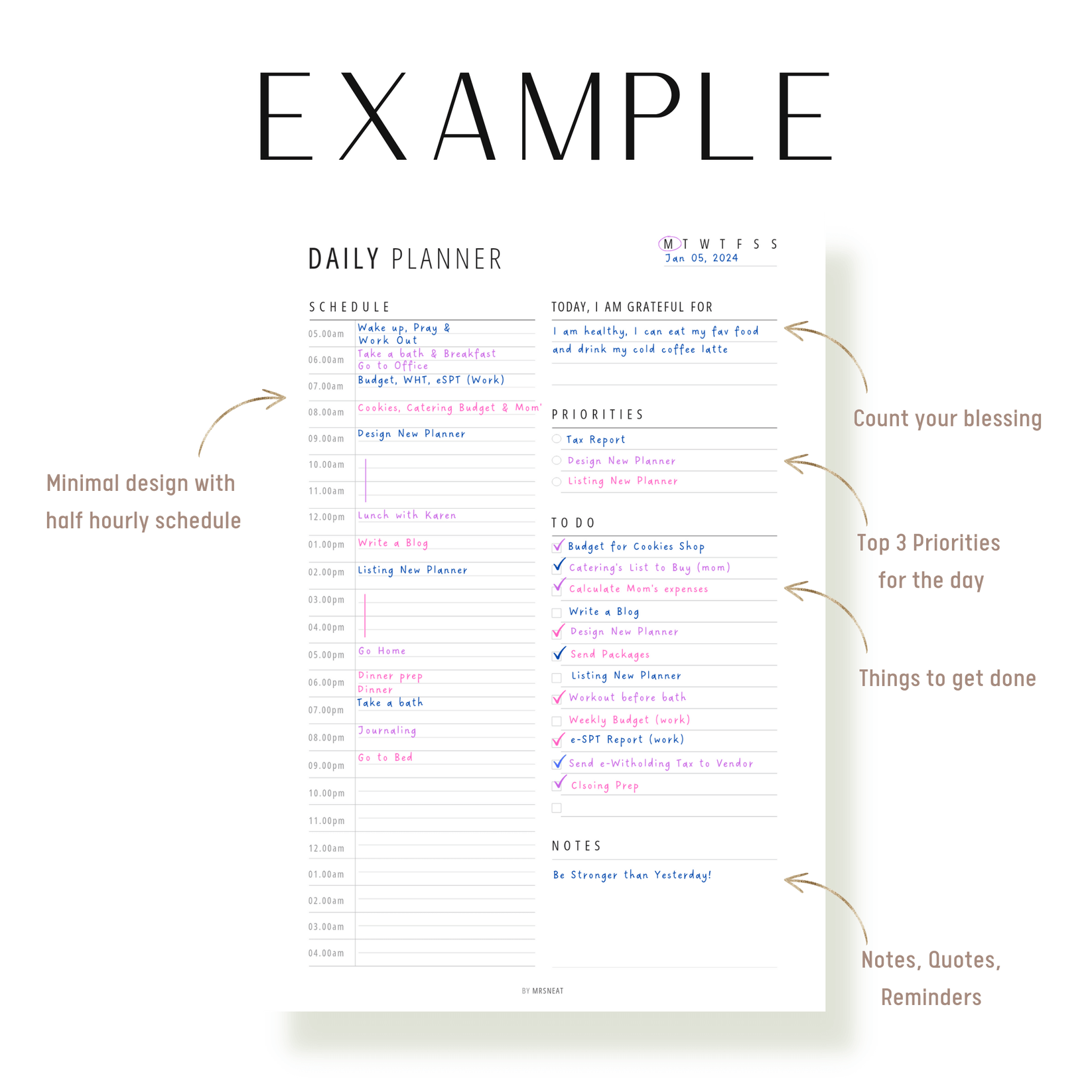 24 Hour Daily Planner Template - M201 – mrsneat