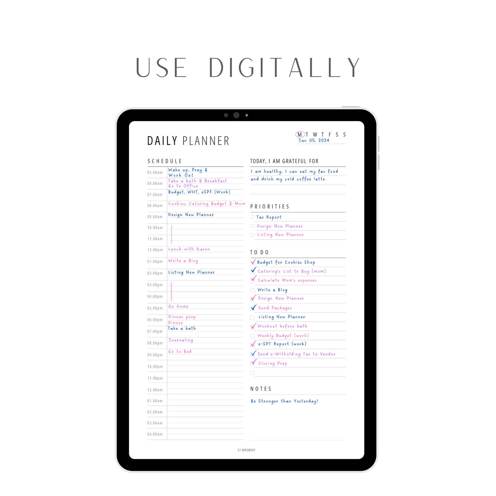24 Hour Daily Planner Template - M201 – mrsneat
