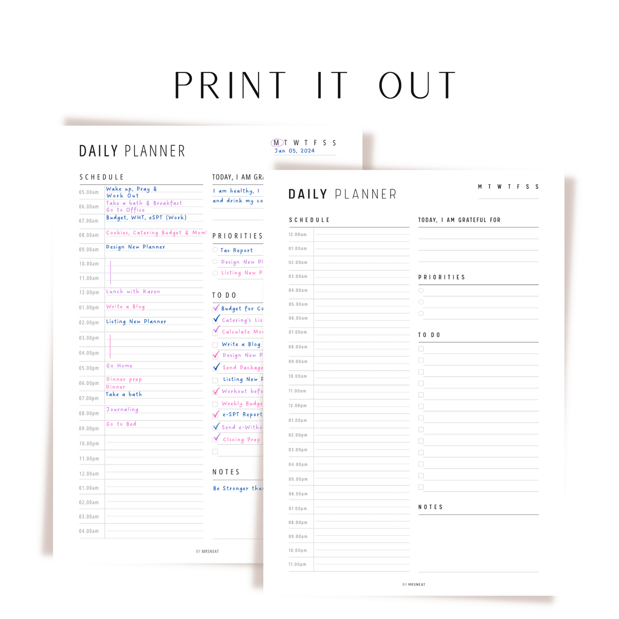 24 Hour Daily Planner Template - M201 – mrsneat
