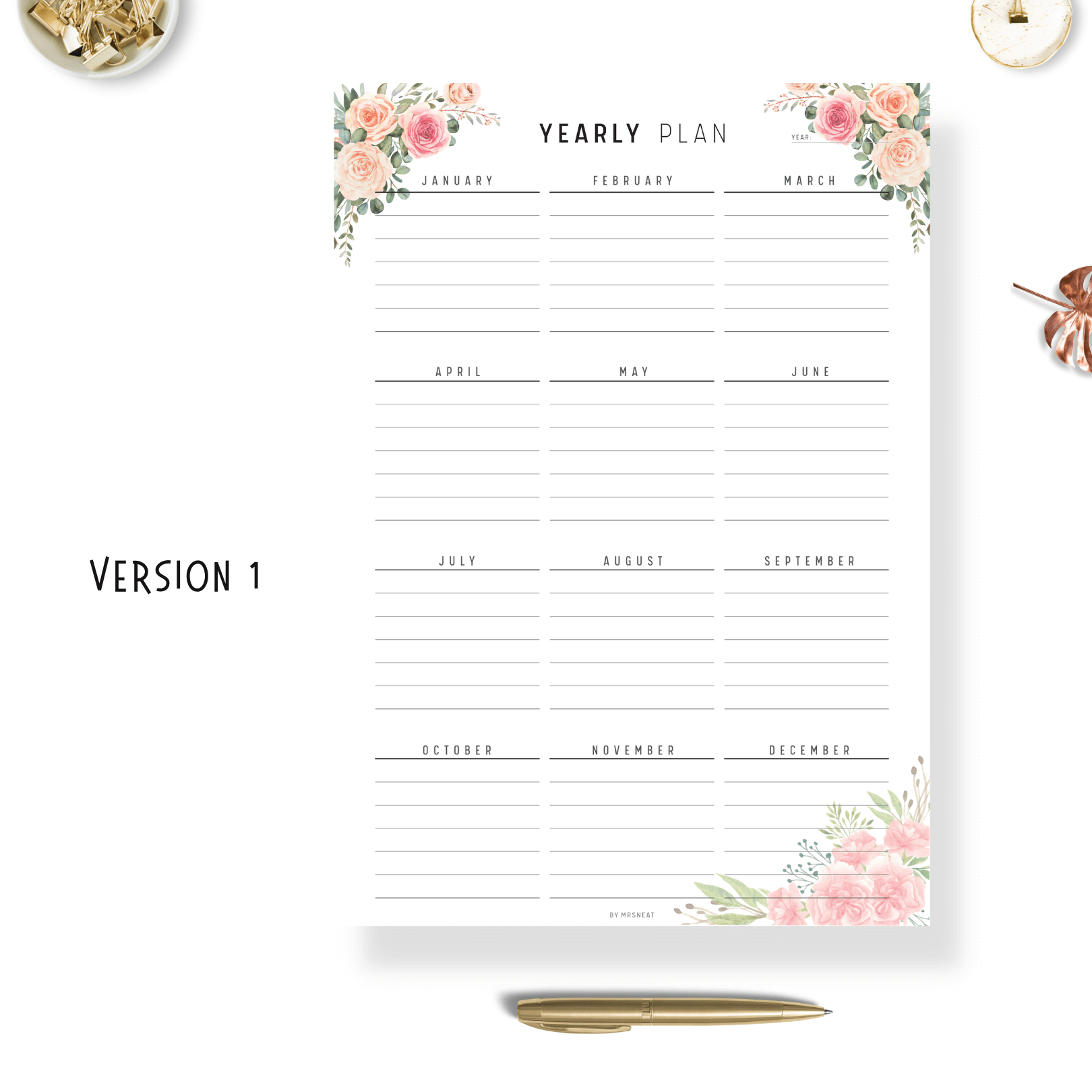 Floral Yearly Goal Planner Printable - M180 – mrsneat