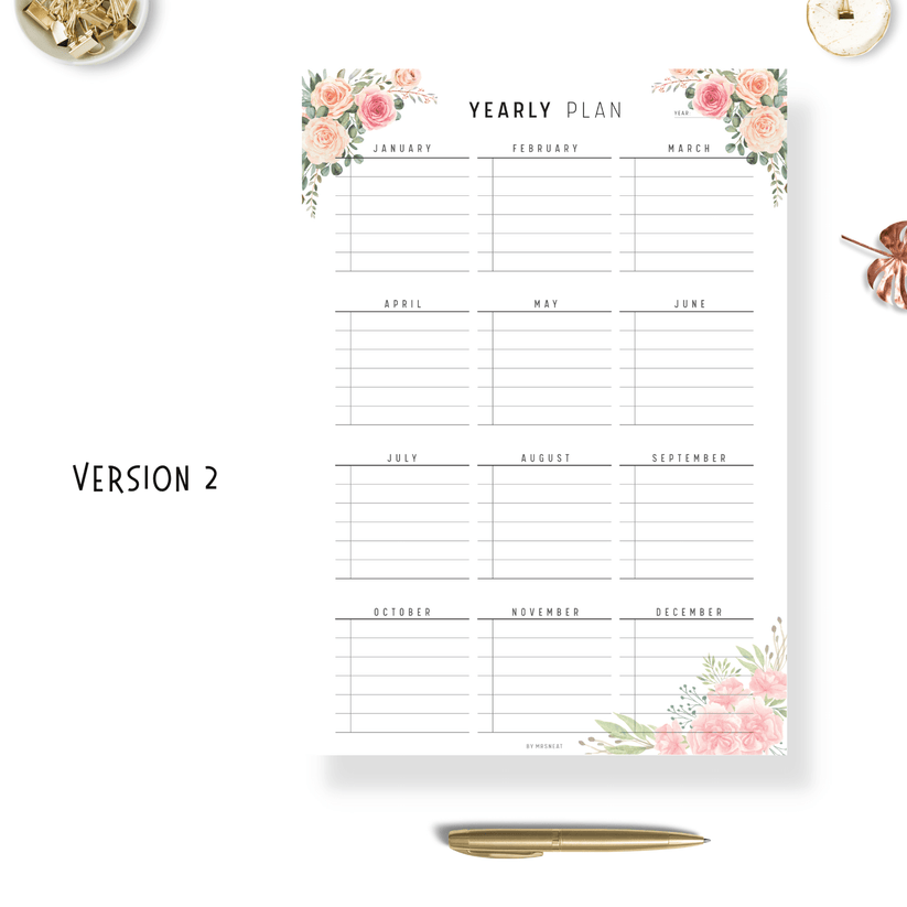 Floral Yearly Goal Planner Printable - M180 – mrsneat