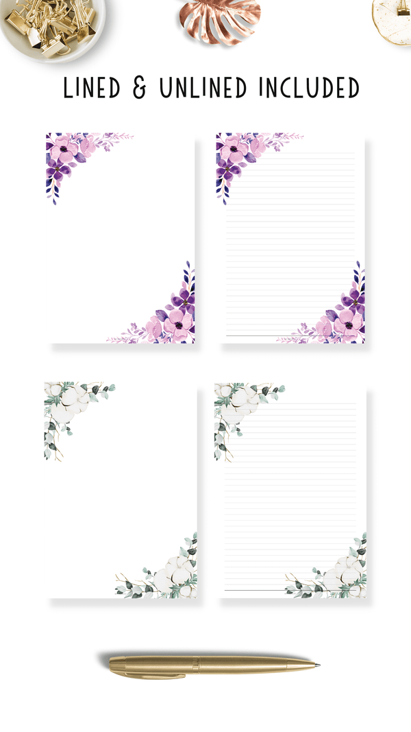 FILLABLE Floral Printable Stationery: Lined & Unlined Paper (PDF) - M1 ...