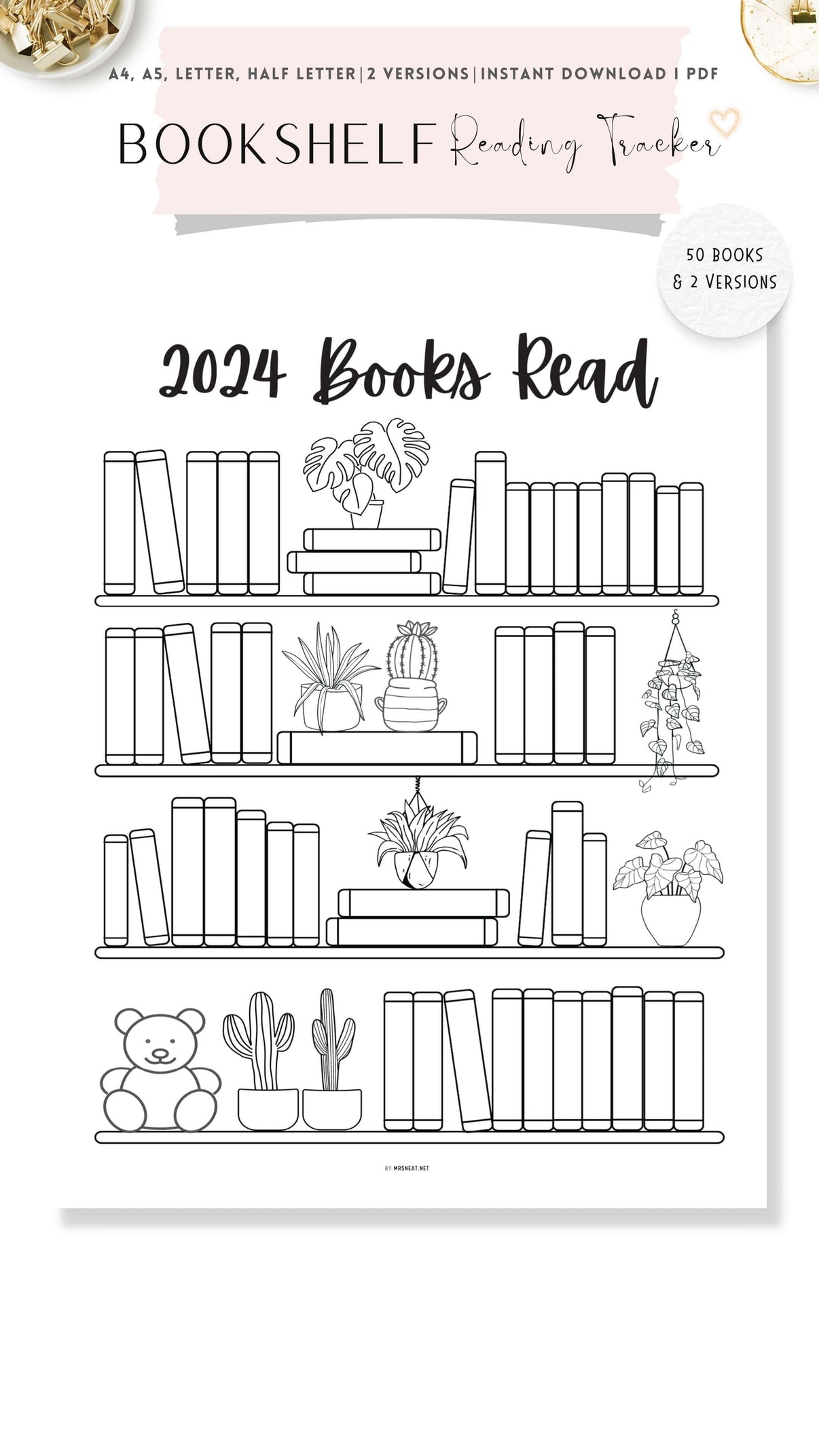 Bookshelf Reading Tracker Printable - 50 Books - M367 – mrsneat