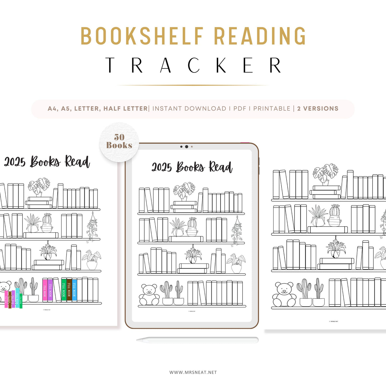 Bookshelf Reading Tracker Printable - 50 Books - M367 – mrsneat