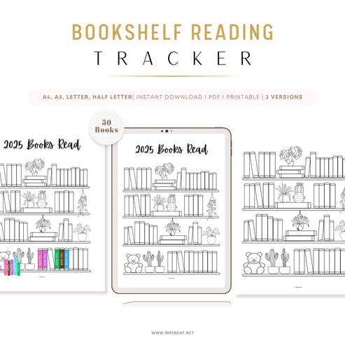 Bookshelf Reading Tracker Printable - 50 Books - M367 – mrsneat