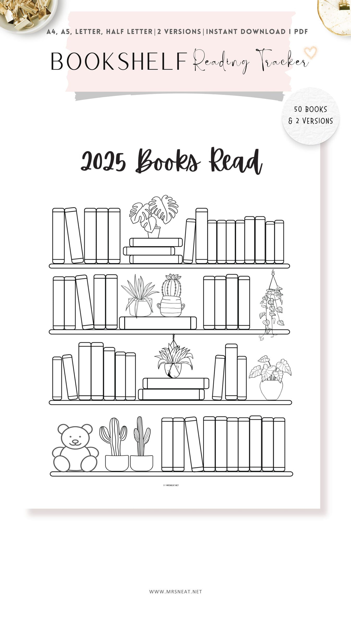 Bookshelf Reading Tracker Printable - 50 Books - M367 – mrsneat