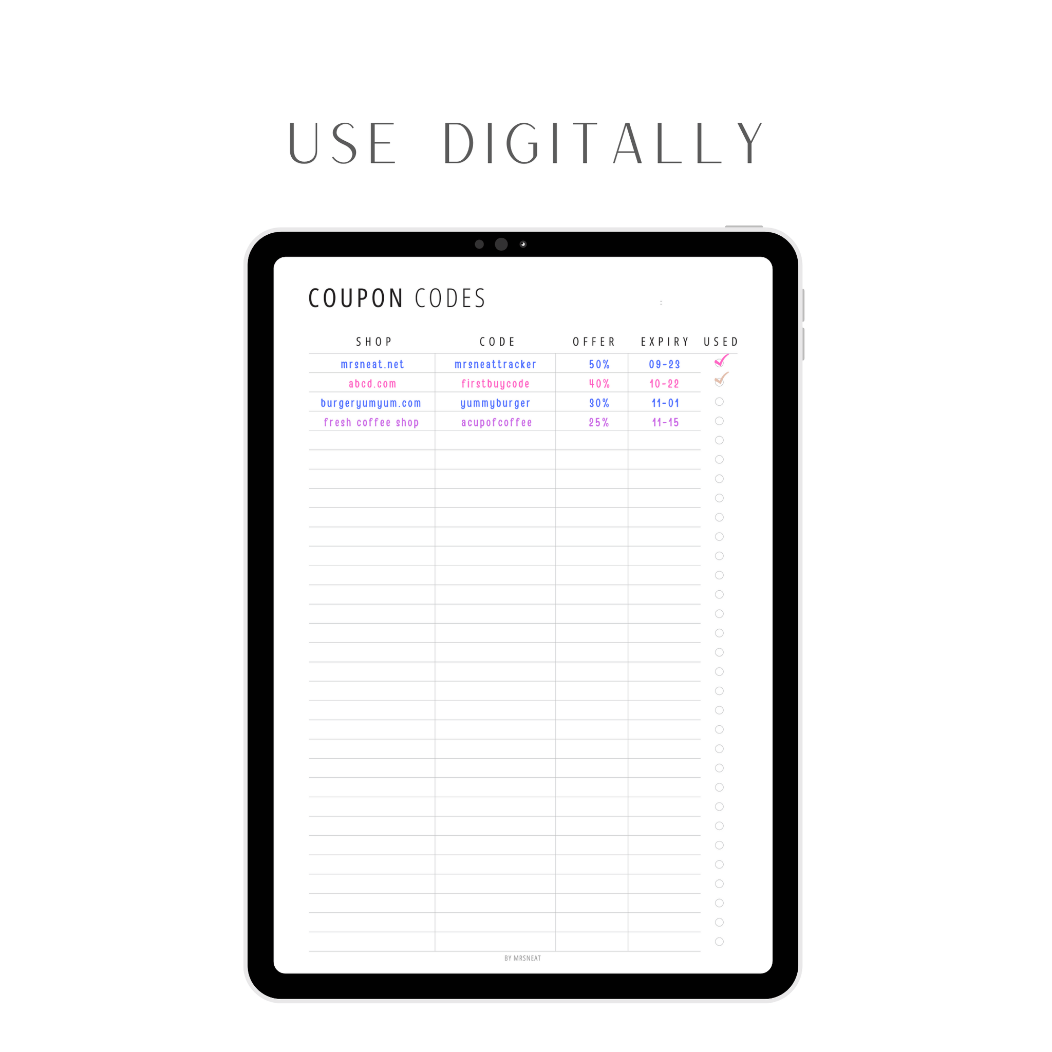 Coupon Code Tracker Printable – mrsneat