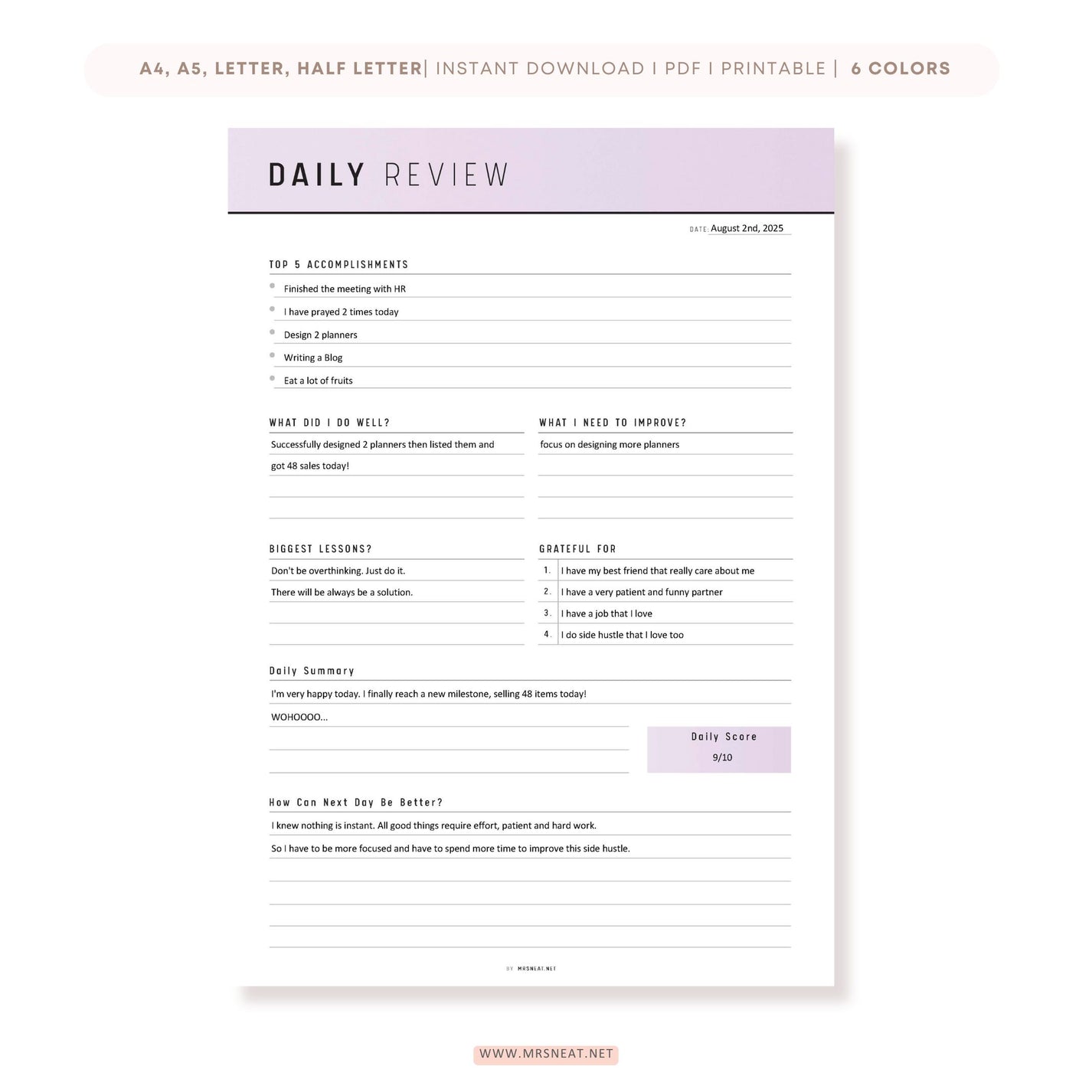 Daily Review Planner Template Printable - M291 – mrsneat