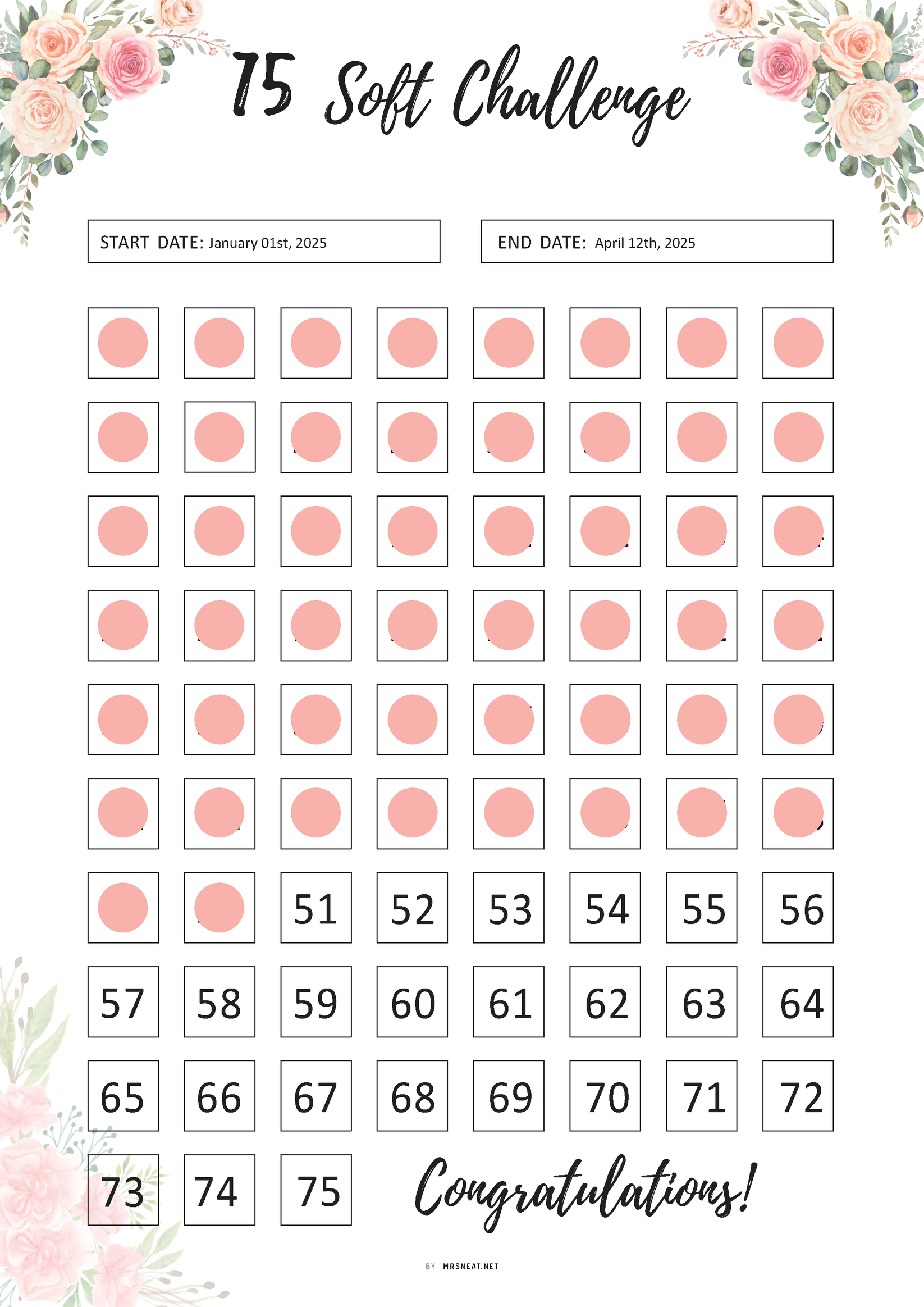 Floral 75 Soft Challenge Tracker Printable - M309 – mrsneat