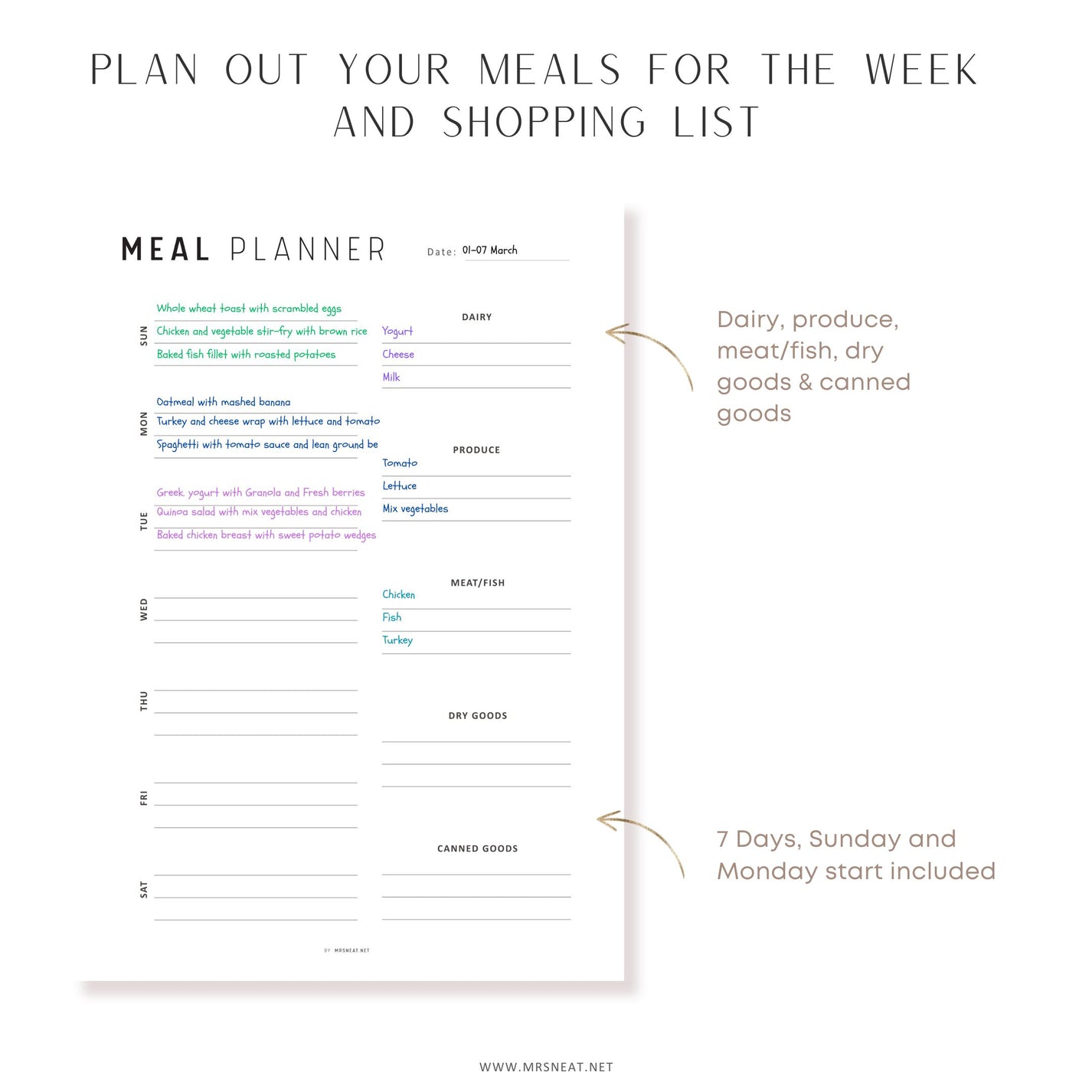 7 Day Meal Planner Printable - M524 – mrsneat