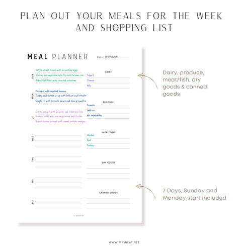 7 Day Meal Planner Printable - M524 – mrsneat