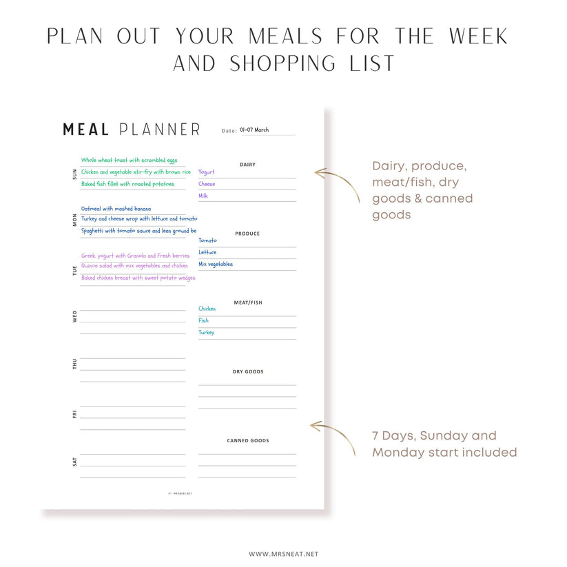 7 Day Meal Planner Printable - M524 – mrsneat
