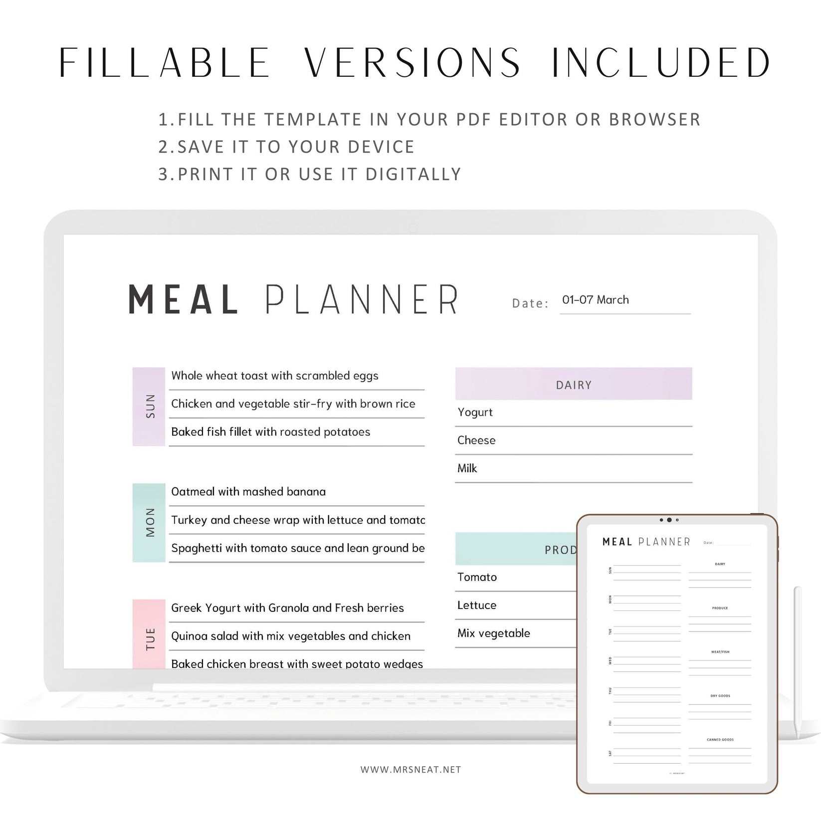 7 Day Meal Planner Printable - M524 – mrsneat