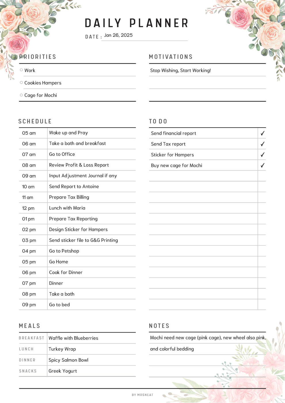 Pink Floral Daily Planner Printable - M126 – mrsneat