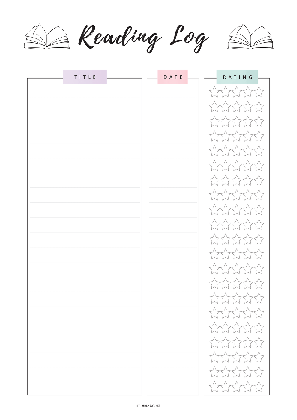 Reading Log Template PRINTABLE Vol.02 - M434 – mrsneat