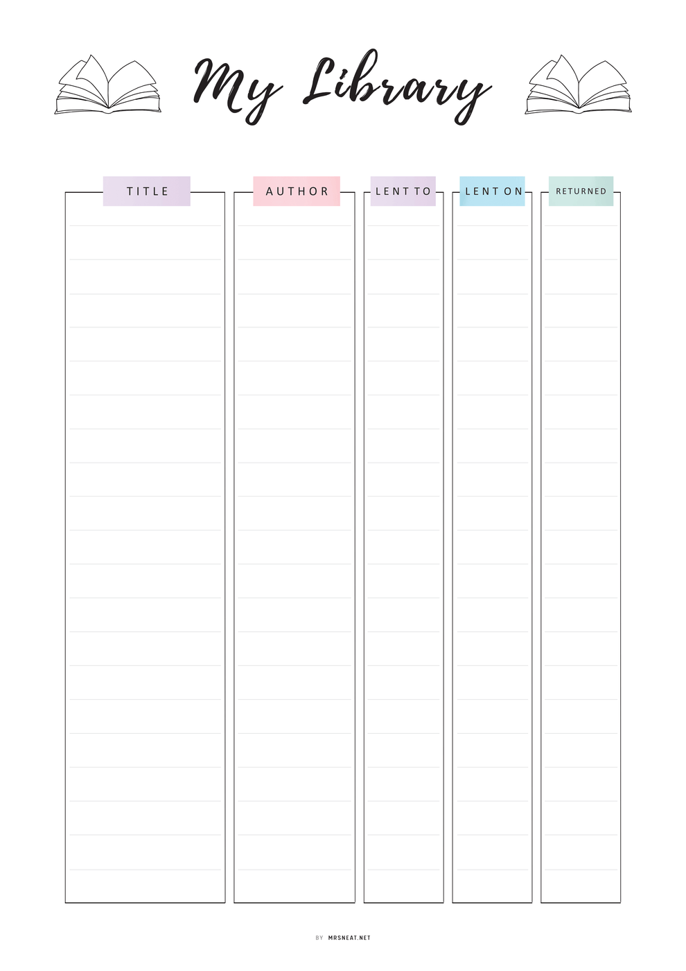 My Library Book Tracker Template Printable - M432 – mrsneat
