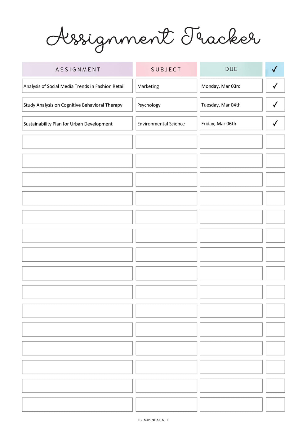 Assignment Tracker Printable Journal Page - M535 – mrsneat