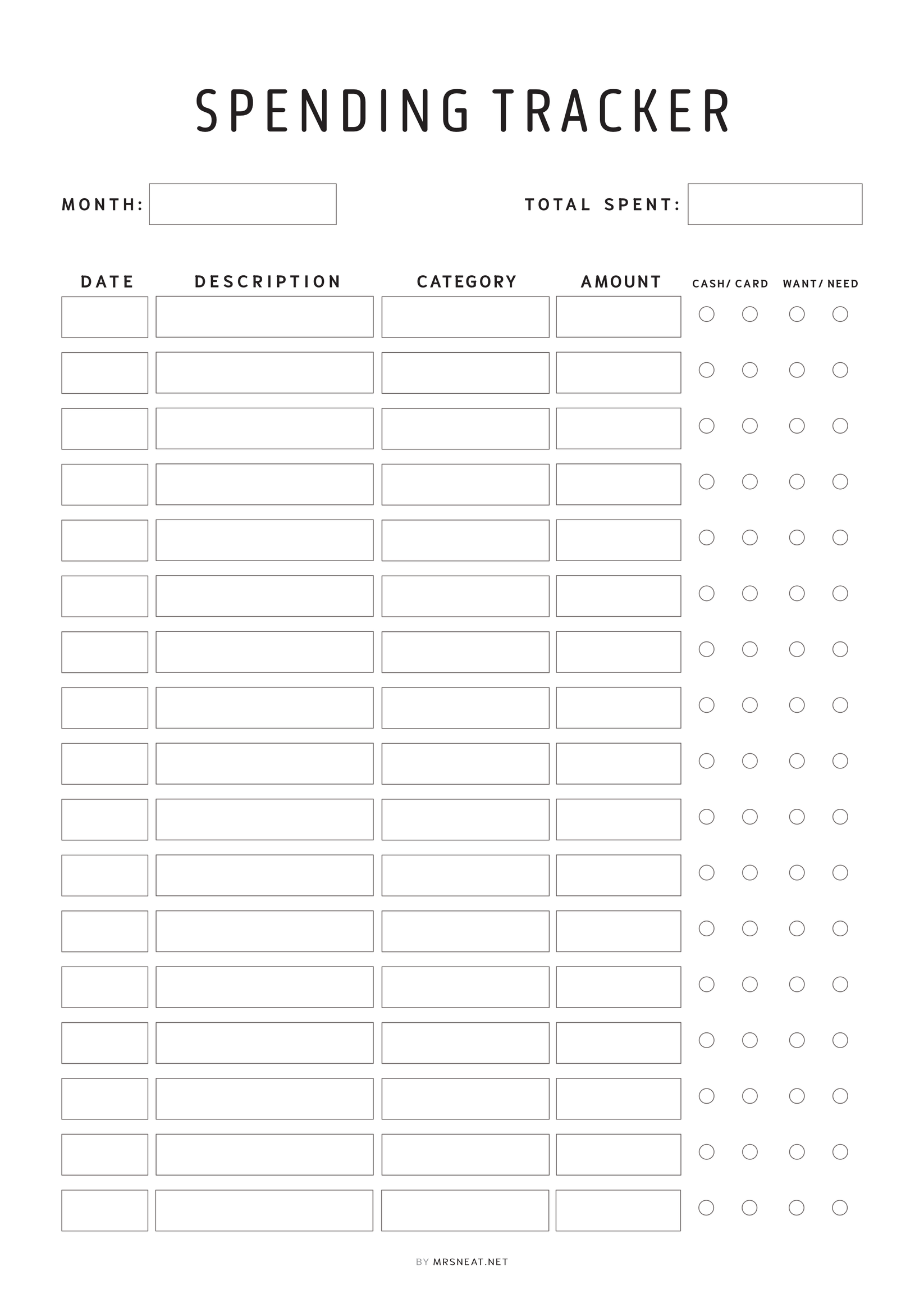 Editable Spending Tracker Printable PDF - M496 – mrsneat