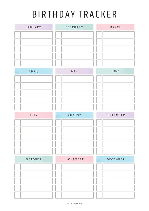 Birthday Tracker Printable - M485 – mrsneat