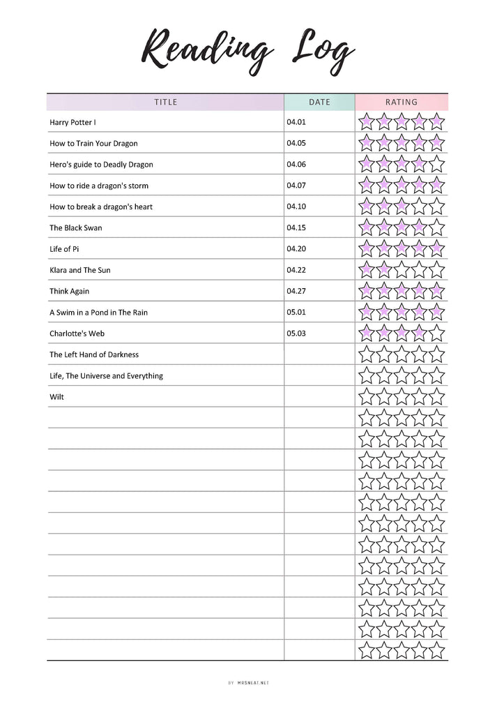 Colorful Reading Log Template Printable - M332 – mrsneat