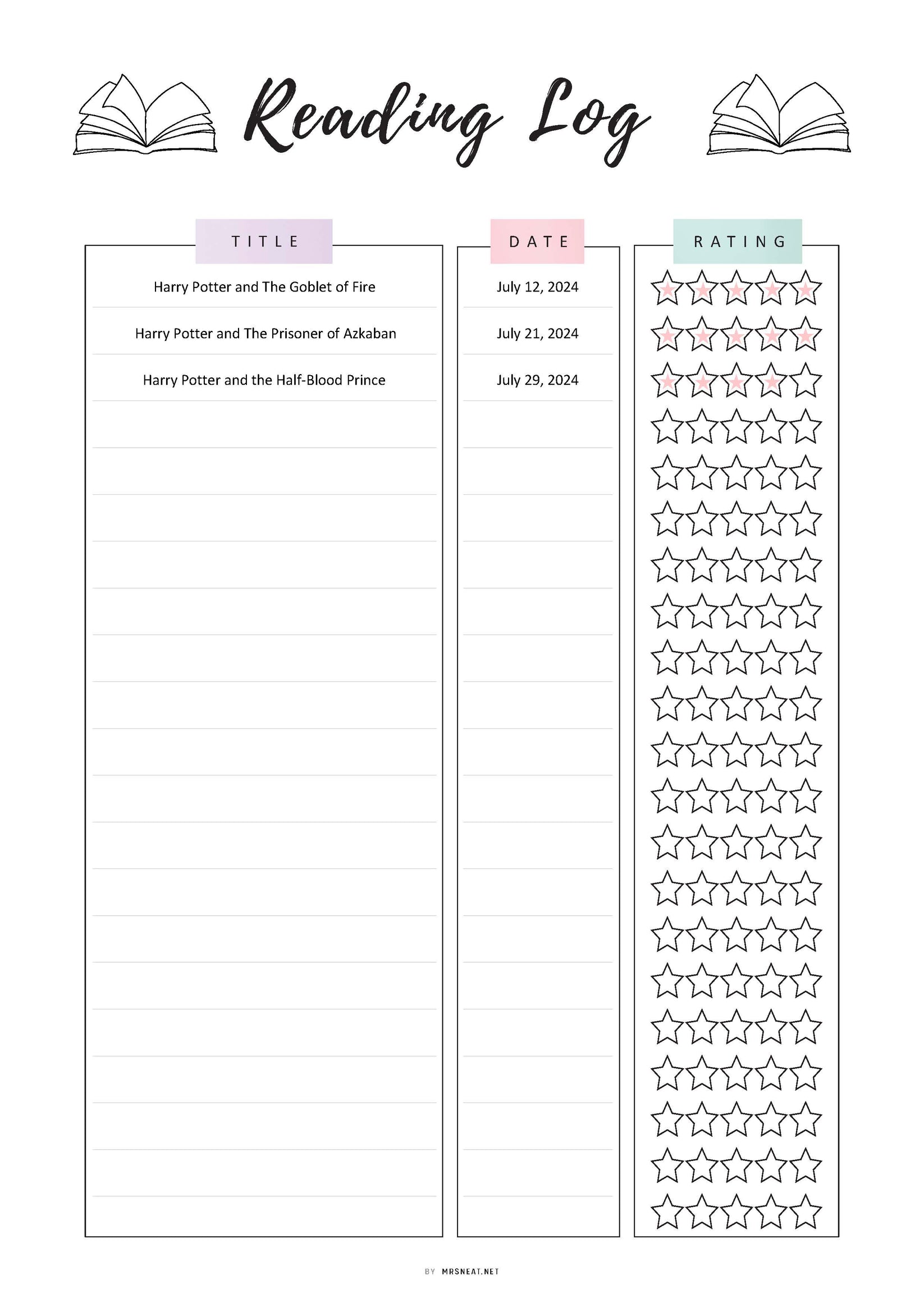 Reading Log Template Printable Vol.02 - M434 – mrsneat