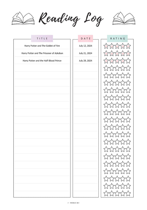 Reading Log Template PRINTABLE Vol.02 - M434 – mrsneat